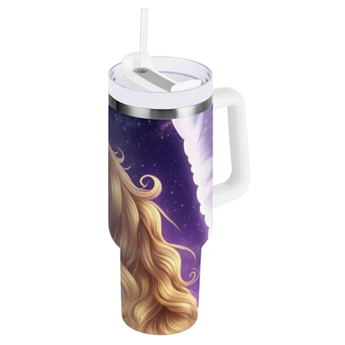 Beautiful Unicorn Horse Stainless Steel Tumblers with Straw and Handle for Water, Insulated Water Bottle 30 OZ / 0.89 L
