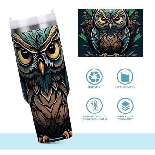 ODAWA 40oz Travel Coffee Tumbler with Straw and Handle, Owl Leak Proof Tumbler