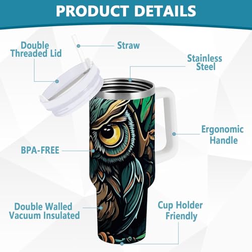ODAWA 40oz Travel Coffee Tumbler with Straw and Handle, Owl Leak Proof Tumbler