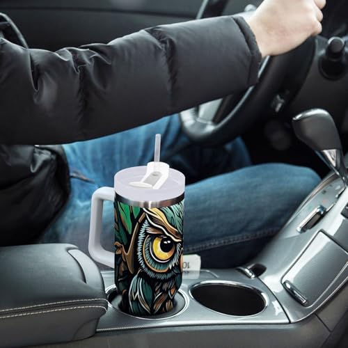 ODAWA 40oz Travel Coffee Tumbler with Straw and Handle, Owl Leak Proof Tumbler