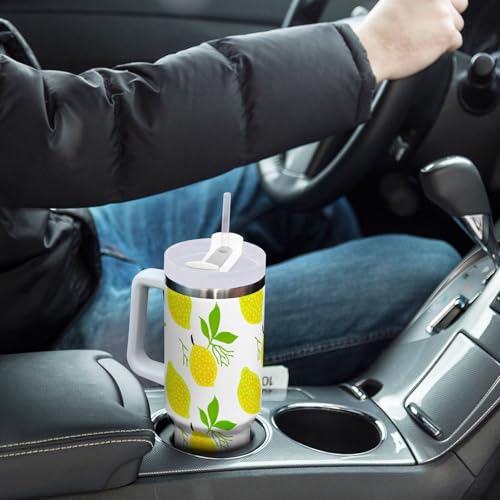 ODAWA 40oz Lemons White Insulated Cup with Handle and Straw, 2 in 1 Lid Stainless Steel Vacuum Insulated Tumbler