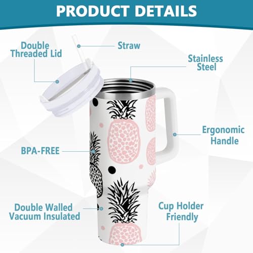 ODAWA Stainless Steel Vacuum Insulated Tumbler 40oz with Lid and Straw, Pineapples Dots White Travel Insulated Tumblers