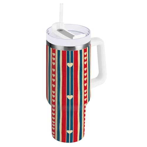 ODAWA Stainless Steel Insulated Tumblers Large with Handle and Straw, Red Blue Stripes Hearts Insulated Travel Tumbler