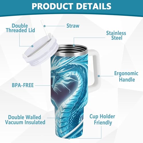 ODAWA Double Insulated Tumbler Large with Handle and Straw Lid, Fiery Dragon Icy Dragon Fall Insulated Tumbler