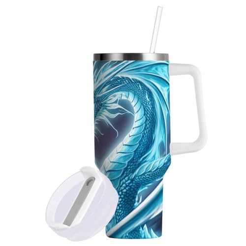 ODAWA Double Insulated Tumbler Large with Handle and Straw Lid, Fiery Dragon Icy Dragon Fall Insulated Tumbler