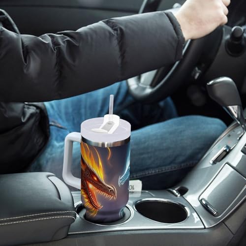 ODAWA Double Insulated Tumbler Large with Handle and Straw Lid, Fiery Dragon Icy Dragon Fall Insulated Tumbler