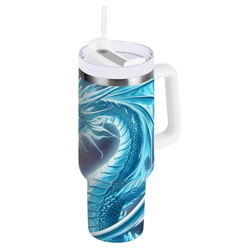 ODAWA Double Insulated Tumbler Large with Handle and Straw Lid, Fiery Dragon Icy Dragon Fall Insulated Tumbler