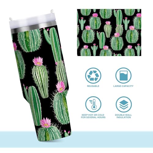 ODAWA 40oz Travel Insulated Tumblers with Straw and Handle, Cacti Pink Flowers Black Double Wall Insulated Tumbler