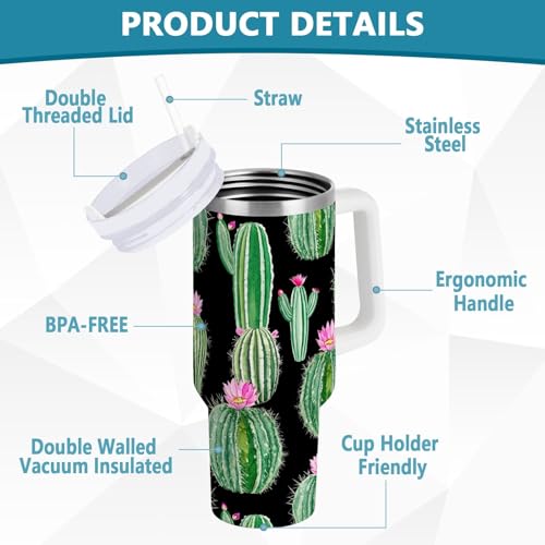 ODAWA 40oz Travel Insulated Tumblers with Straw and Handle, Cacti Pink Flowers Black Double Wall Insulated Tumbler