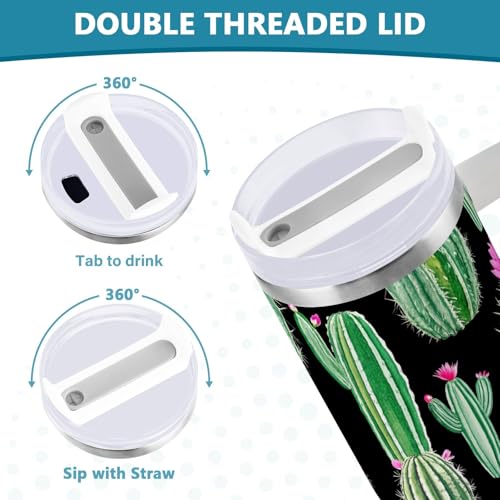 ODAWA 40oz Travel Insulated Tumblers with Straw and Handle, Cacti Pink Flowers Black Double Wall Insulated Tumbler