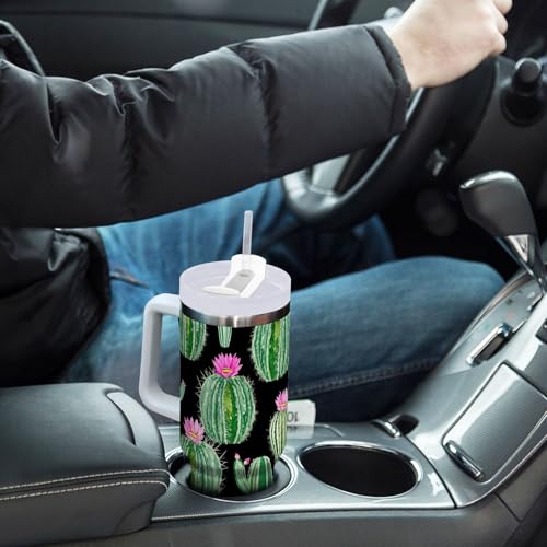 ODAWA 40oz Travel Insulated Tumblers with Straw and Handle, Cacti Pink Flowers Black Double Wall Insulated Tumbler