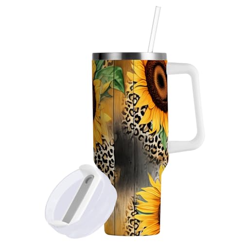 ODAWA 40 Oz Sunflowers Water Tumbler with Handle and Straw, Stainless Steel Insulated Tumblers