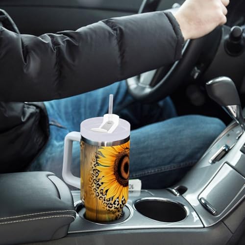 ODAWA 40 Oz Sunflowers Water Tumbler with Handle and Straw, Stainless Steel Insulated Tumblers