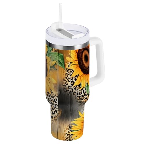ODAWA 40 Oz Sunflowers Water Tumbler with Handle and Straw, Stainless Steel Insulated Tumblers