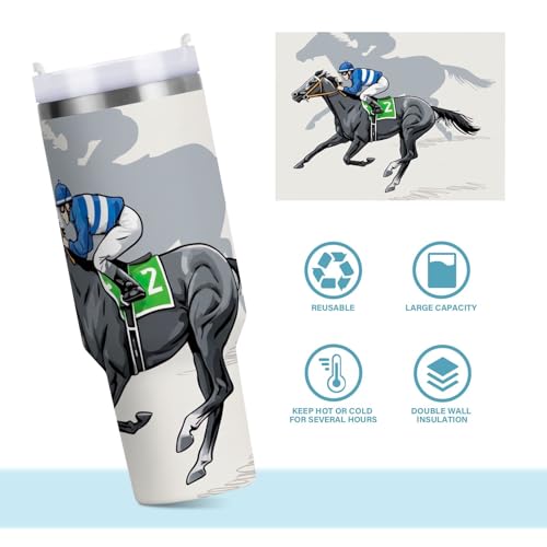 Horse Racing Stainless Steel Insulated Tumbler with Handle and Straw Lid for Water, Insulated Cup 30 OZ / 0.89 L