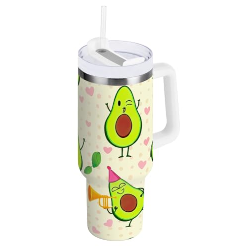 Cute Avocado Beige Insulated Stainless Steel Tumblers with Handle and Straw Lid for Water, Tumbler Insulated 30 OZ / 0.89 L