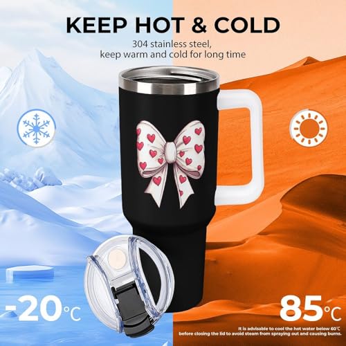 Valentines Day Heart Bow Insulated Tumblers with Handle Stainless Steel Coffee Mug Funny Travel Cup with Lid Straw 40oz