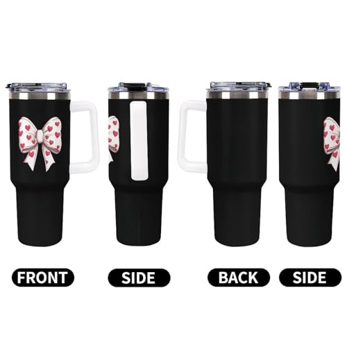 Valentines Day Heart Bow Insulated Tumblers with Handle Stainless Steel Coffee Mug Funny Travel Cup with Lid Straw 40oz