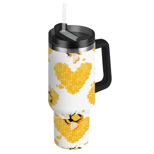 pnyoin Honey Bee Yellow Insulated Tumblers With Handle And Straw 30 oz Stainless Steel Tumbler Cups With Lid Leakproof BPA-Free Water Bottle,Cup Holder Compatible for Travel