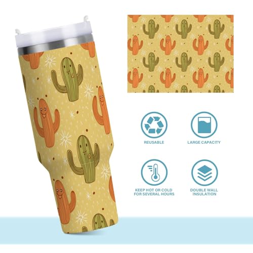 ODAWA Large Travel Insulated Tumblers with Handle and Straw, Mexican Cactus Double Wall Insulated Tumbler