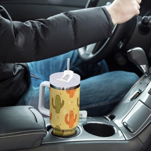 ODAWA Large Travel Insulated Tumblers with Handle and Straw, Mexican Cactus Double Wall Insulated Tumbler