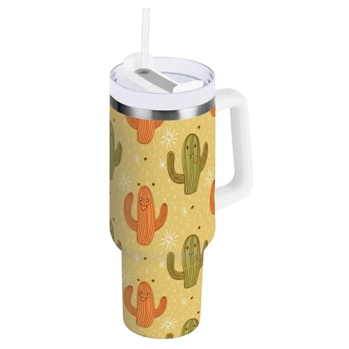 ODAWA Large Travel Insulated Tumblers with Handle and Straw, Mexican Cactus Double Wall Insulated Tumbler