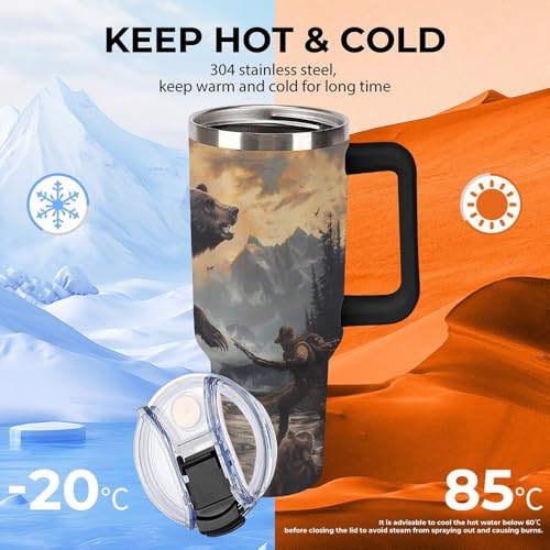 Bear Hunting Insulated Tumblers with Handle Stainless Steel Coffee Mug Funny Travel Cup with Lid Straw 40oz