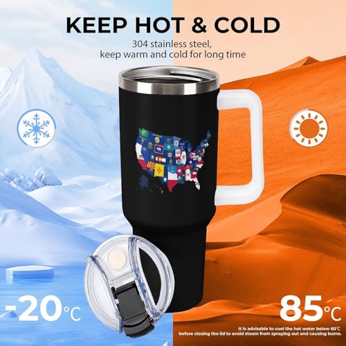 Flag Map of U.s. Insulated Tumblers with Handle Stainless Steel Coffee Mug Funny Travel Cup with Lid Straw 40oz