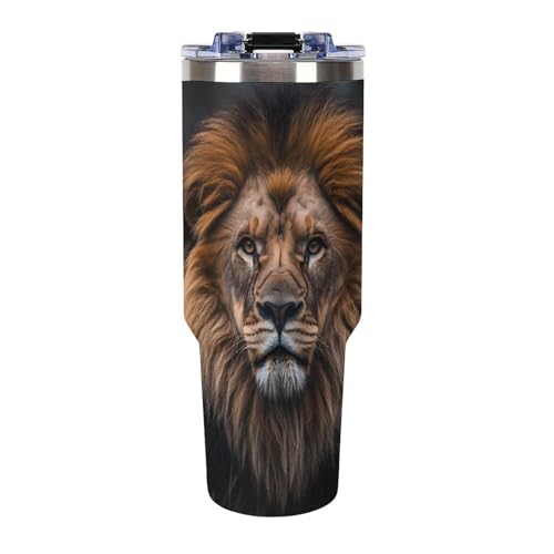 Lion Male Insulated Tumblers with Handle Stainless Steel Coffee Mug Funny Travel Cup with Lid Straw 40oz