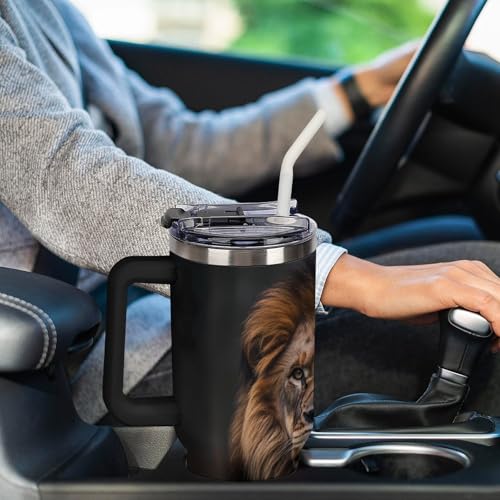 Lion Male Insulated Tumblers with Handle Stainless Steel Coffee Mug Funny Travel Cup with Lid Straw 40oz