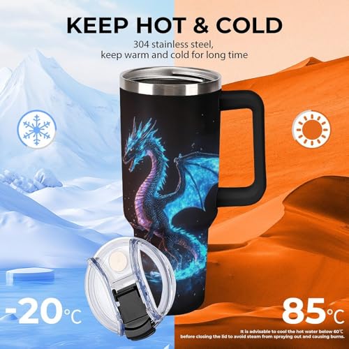 Fire And Blue Dragons Insulated Tumblers with Handle Stainless Steel Coffee Mug Funny Travel Cup with Lid Straw 40oz