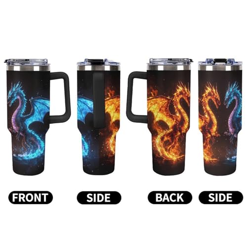Fire And Blue Dragons Insulated Tumblers with Handle Stainless Steel Coffee Mug Funny Travel Cup with Lid Straw 40oz