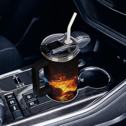 Fire And Blue Dragons Insulated Tumblers with Handle Stainless Steel Coffee Mug Funny Travel Cup with Lid Straw 40oz