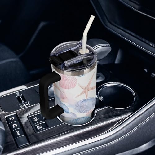 Watercolor Seashell Pattern Insulated Tumblers with Handle Stainless Steel Coffee Mug Funny Travel Cup with Lid Straw 40oz