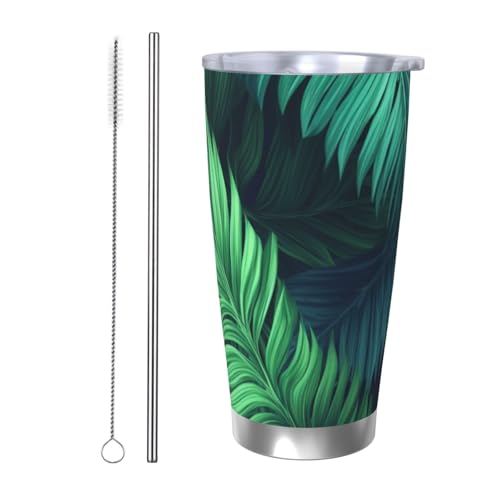 Tropical Palm Leaves Tumbler with Lid and Straw 20oz Stainless Steel Car Cup for Hot and Cold Drinks, Double Wall Insulated Travel Coffee Mug Reusable Drink Thermos Cup Birthday Gifts