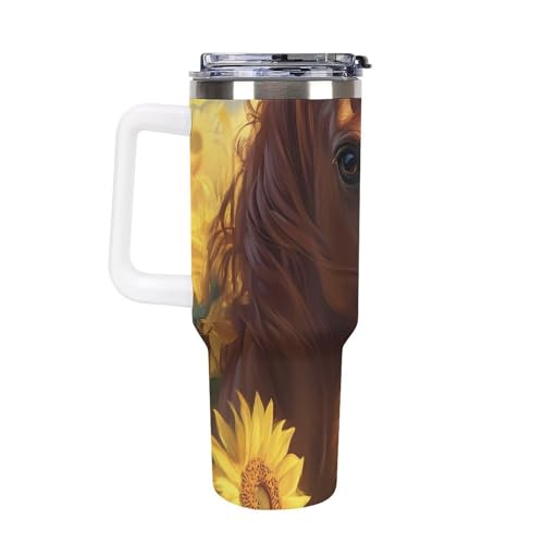 Brown Horse with Sunflowers Insulated Tumblers with Handle Stainless Steel Coffee Mug Funny Travel Cup with Lid Straw 40oz