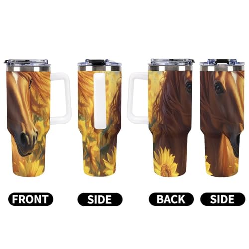 Brown Horse with Sunflowers Insulated Tumblers with Handle Stainless Steel Coffee Mug Funny Travel Cup with Lid Straw 40oz