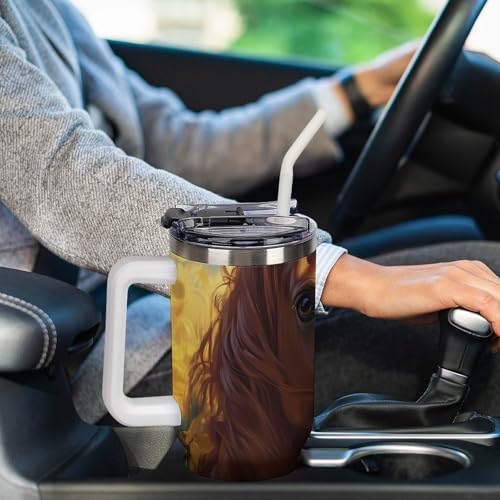 Brown Horse with Sunflowers Insulated Tumblers with Handle Stainless Steel Coffee Mug Funny Travel Cup with Lid Straw 40oz