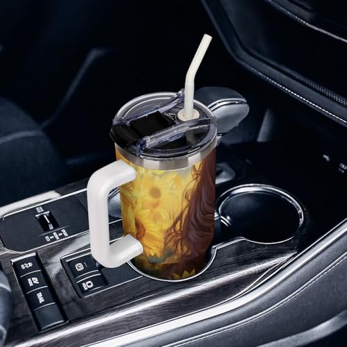 Brown Horse with Sunflowers Insulated Tumblers with Handle Stainless Steel Coffee Mug Funny Travel Cup with Lid Straw 40oz