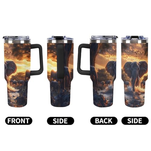 Elephants in Sunset Water Insulated Tumblers with Handle Stainless Steel Coffee Mug Funny Travel Cup with Lid Straw 40oz