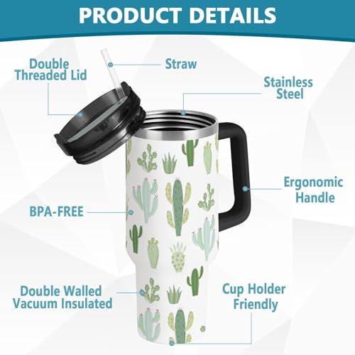 Cactus Green Succulents Plants Insulated Tumblers 30 oz Water Bottle Stainless Steel Tumbler Cups with Handle and Straw BPA-Free Travel Coffee Mug for Camping Office