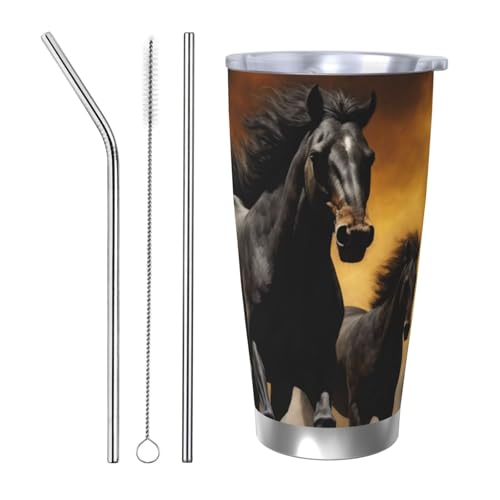 Running Black Horses Tumbler with Lid and Straw 20oz Stainless Steel Car Cup for Hot and Cold Drinks, Double Wall Insulated Travel Coffee Mug Reusable Drink Thermos Cup Birthday Gifts