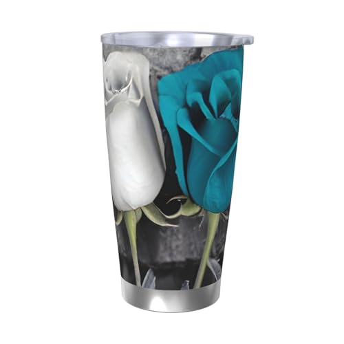 Teal Gray Rose Tumbler with Lid and Straw 20oz Stainless Steel Car Cup for Hot and Cold Drinks, Double Wall Insulated Travel Coffee Mug Reusable Drink Thermos Cup Birthday Gifts