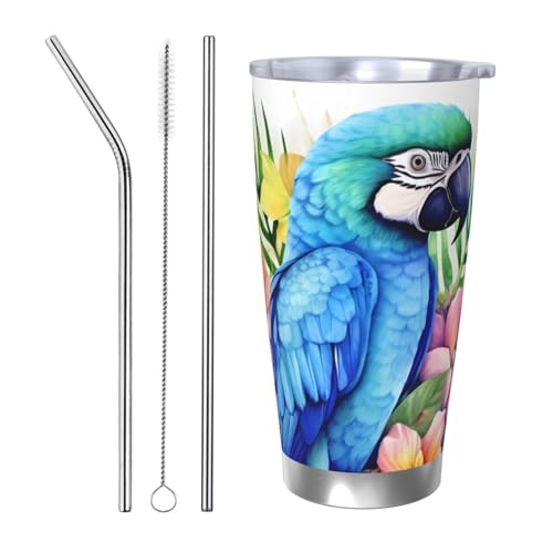Blue Parrot in Flowers Tumbler with Lid and Straw 20oz Stainless Steel Car Cup for Hot and Cold Drinks, Double Wall Insulated Travel Coffee Mug Reusable Drink Thermos Cup Birthday Gifts