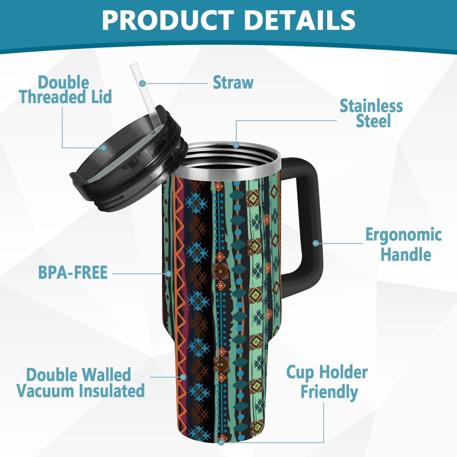 Yasala Car Tumbler with Handle Ethnic Boho Tribal Classic Travel Mug Coffee Cup Insulated Beverage Container Mega Cup for Hot Cold Drinking Thermos Water Bottle Cupholder Friendly 40 oz