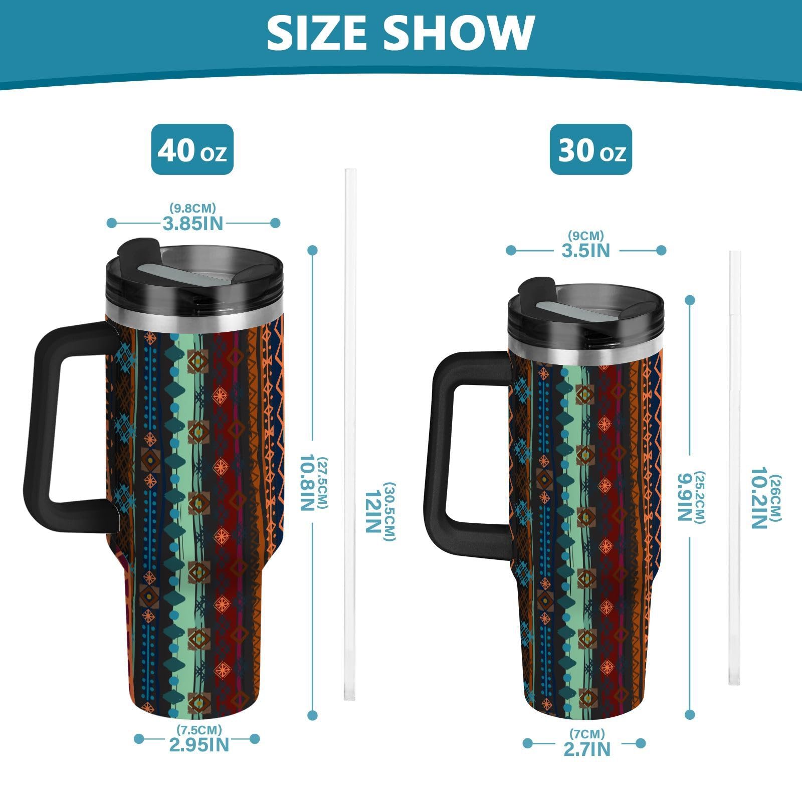 Yasala Car Tumbler with Handle Ethnic Boho Tribal Classic Travel Mug Coffee Cup Insulated Beverage Container Mega Cup for Hot Cold Drinking Thermos Water Bottle Cupholder Friendly 40 oz