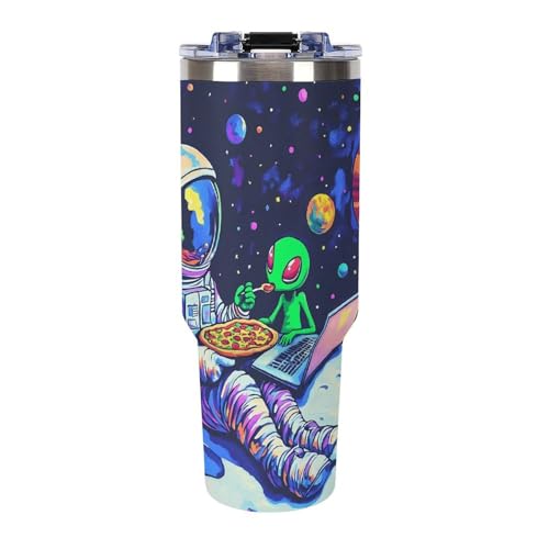 Astronaut Aliens Pizza Insulated Tumblers with Handle Stainless Steel Coffee Mug Funny Travel Cup with Lid Straw 40oz