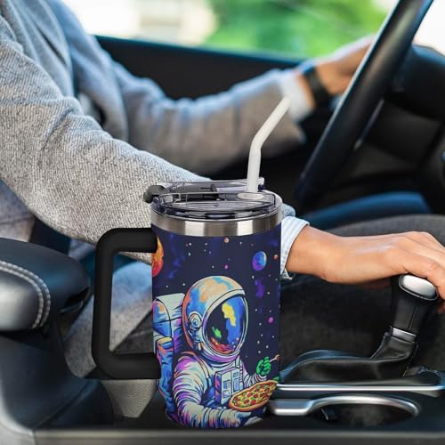 Astronaut Aliens Pizza Insulated Tumblers with Handle Stainless Steel Coffee Mug Funny Travel Cup with Lid Straw 40oz