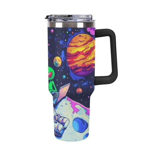 Astronaut Aliens Pizza Insulated Tumblers with Handle Stainless Steel Coffee Mug Funny Travel Cup with Lid Straw 40oz