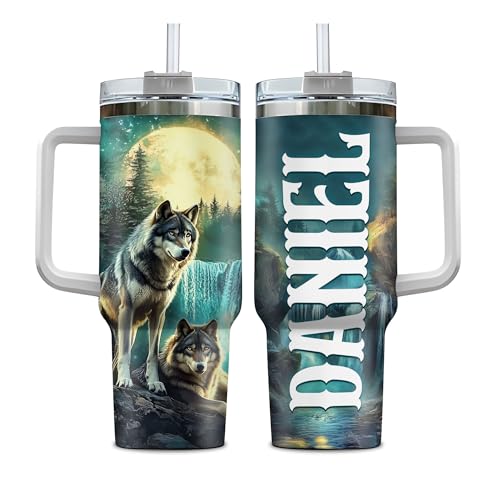 Foxcorner Personalized Wolf 40oz Tumbler with Handle and Straw Gifts for Wolf Lovers, Father's Day Animal Gifts For Men, Birthday Gift Ideas, Custom Name Insulated Stainless Steel Travel Cup With Lid